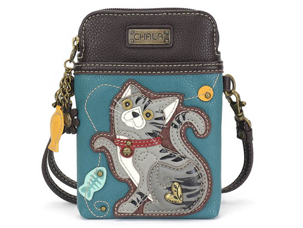 Chala Cellphone Xbody: Gray Tabby Cat - Turquoise