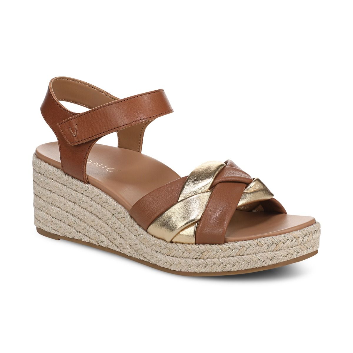 Vionic Saratoga Wedge Sandal: Tan Gold Leather